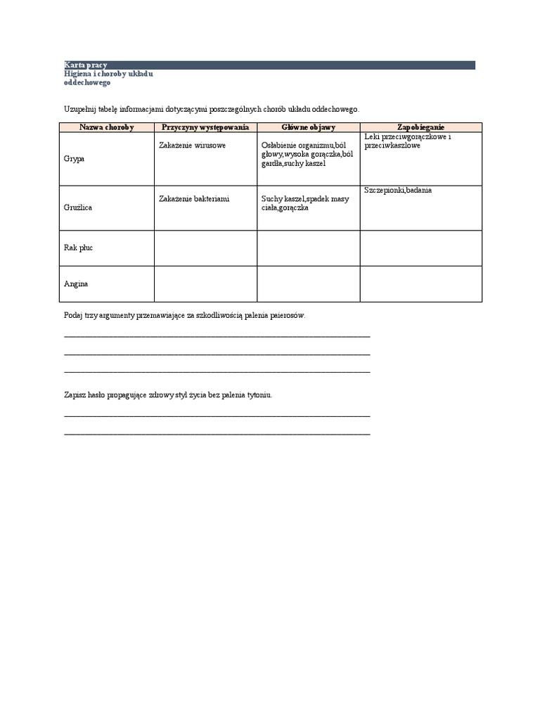Choroby I Higiena Układu Oddechowego. Karta Pracy. | PDF