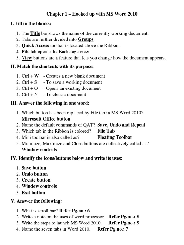 Answer Key MS Word 2010 (Book Back Exercise) | PDF | Microsoft Word ...