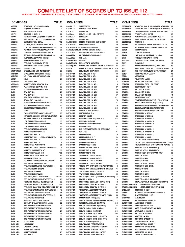 Complete List of Scores Up To Issue 112: Composer Title Composer Title ...