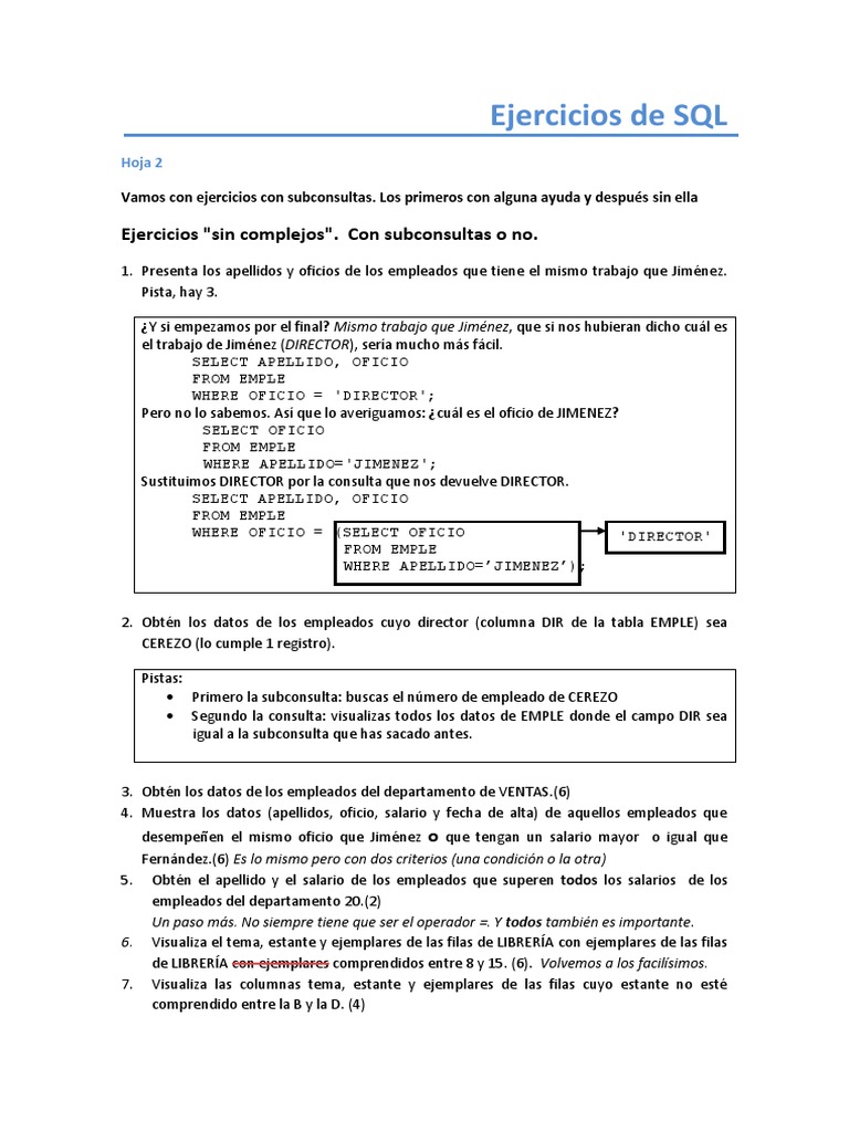 UT04. Hoja2-Ejercicios Subconsultas | PDF | SQL