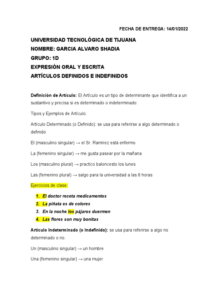Ejercicios en Clase Artículos Definidos e Indefinidos | PDF | Adjetivo ...
