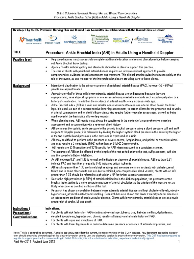Procedure: Ankle Brachial Index (ABI) in Adults Using A Handheld ...