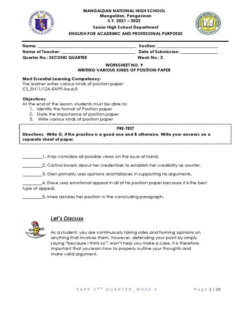 Eapp Quarter 2 Week 2 Writing Various Kinds of Position Paper | PDF ...