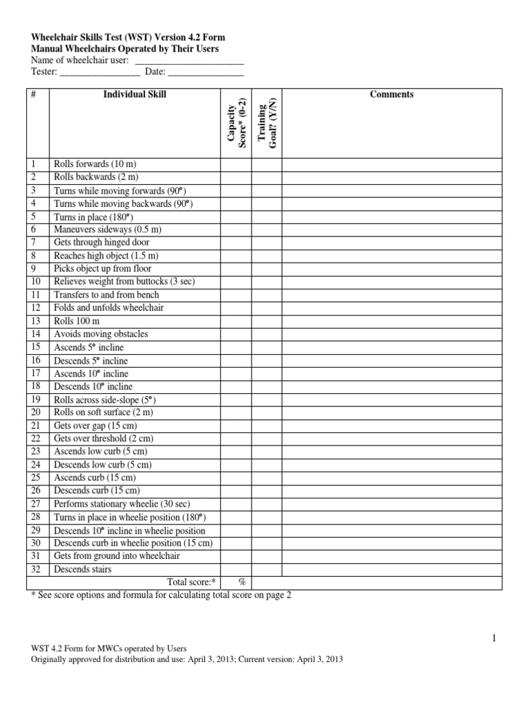 Wheelchair Skills Test 4.2 Form | PDF | Wheelchair
