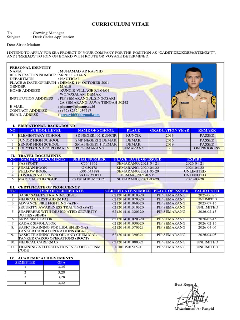 Curriculum Vitae: To: Crewing Manager Subject: Deck Cadet Application ...