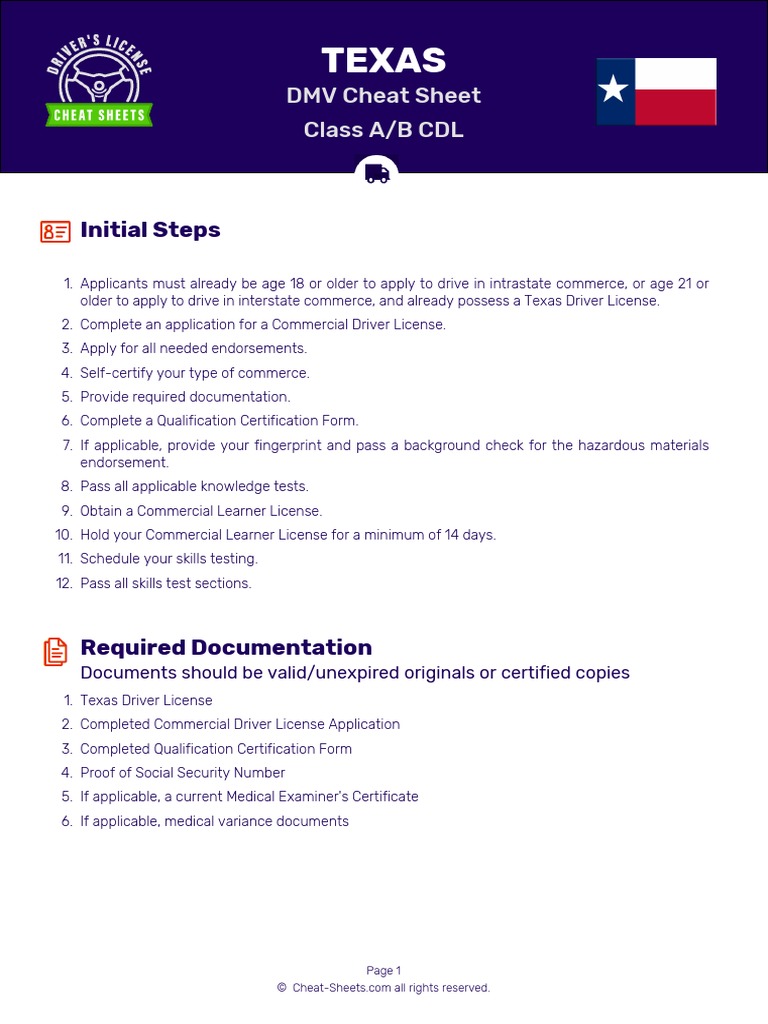 DMV Cheat Sheet Texas en CDL Class A B | PDF | Driving Under The ...