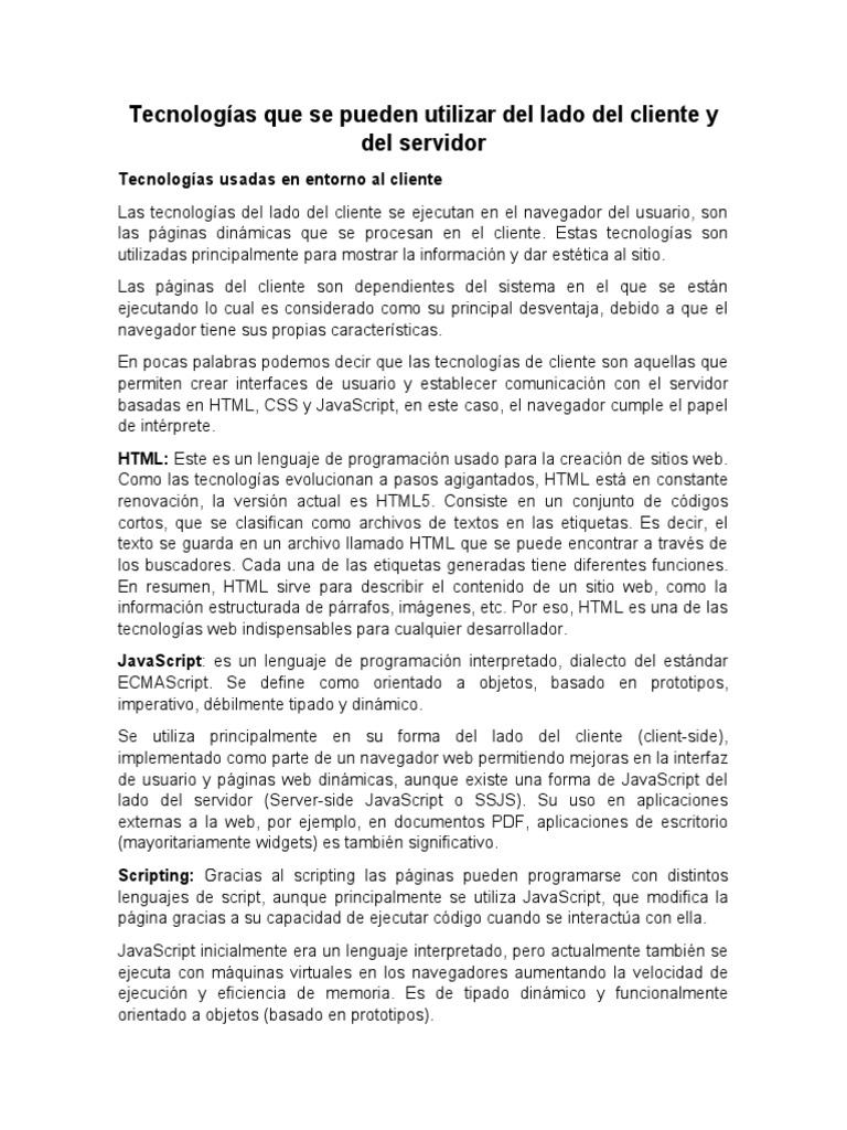 Tecnologías Que Se Pueden Utilizar Del Lado Del Cliente y Del Servidor ...
