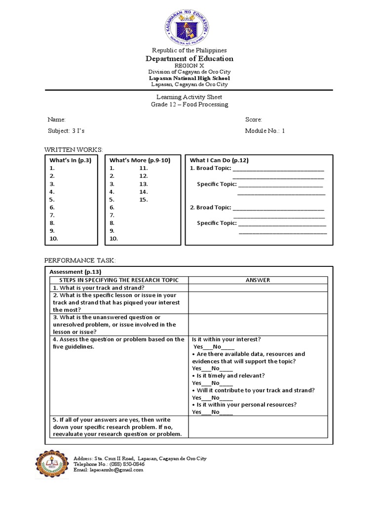 Department of Education: What's in (p.3) What's More (p.9-10) What I ...
