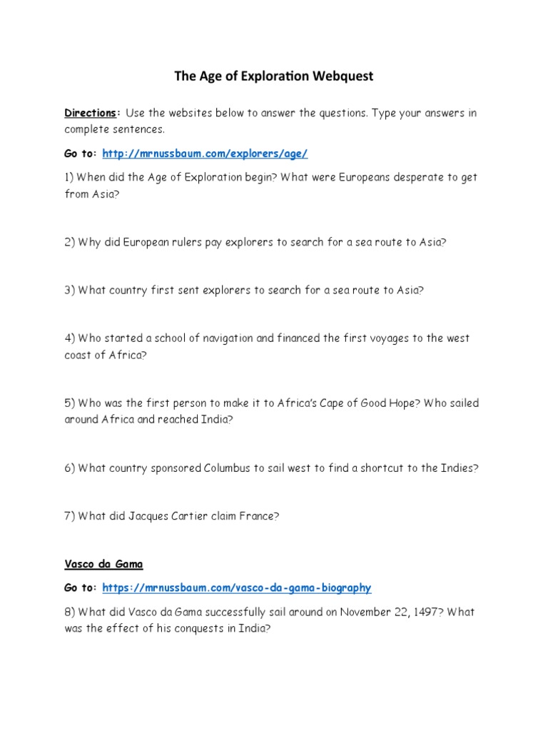 Age of Exploration Webquest Guide | PDF | New World | Exploration