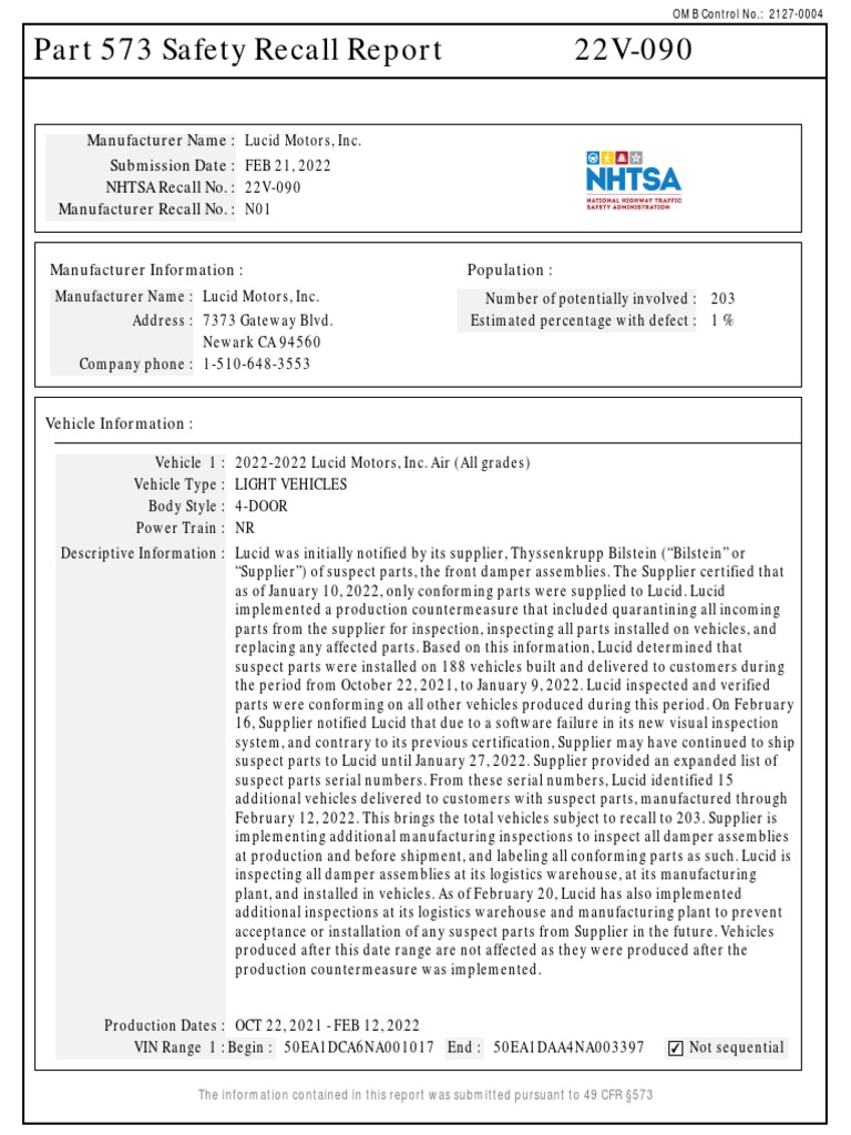 Part 573 Safety Recall Report 22V-090 | Download Free PDF | Logistics ...
