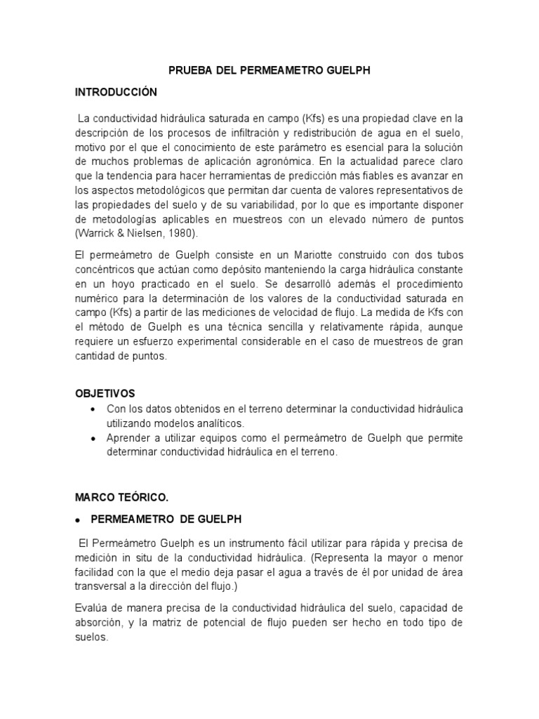 Prueba Del Permeametro Guelph | PDF | Agua | Permeabilidad (Ciencias de ...