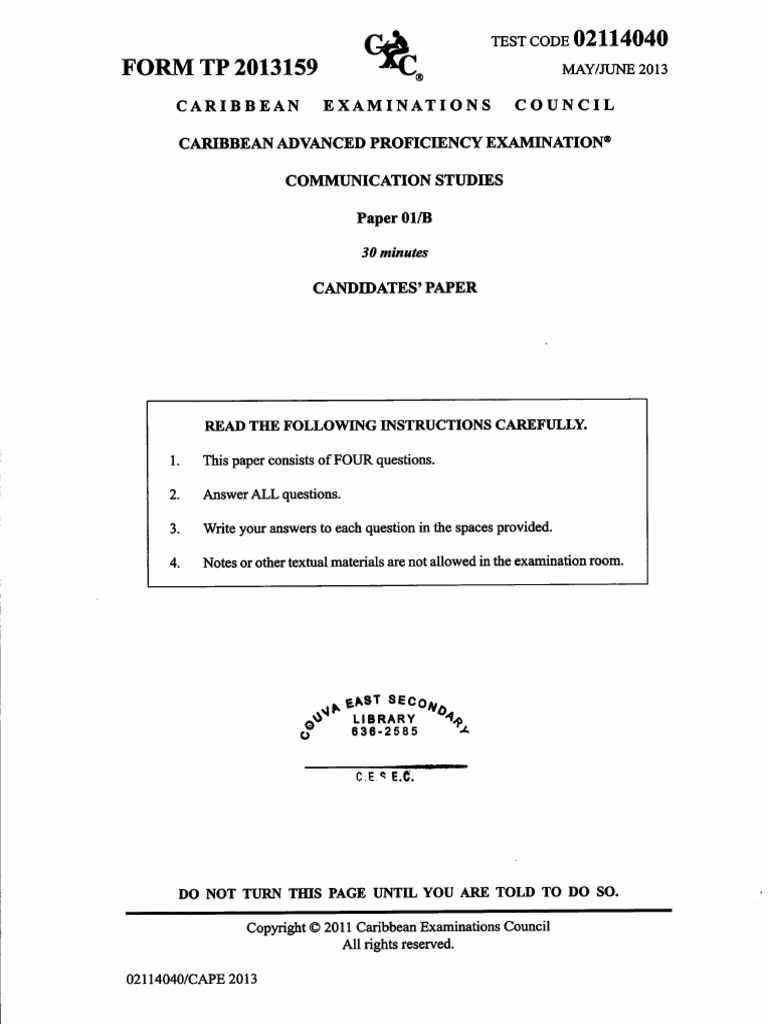 CAPE Communication Studies 2013 P1B (Candidate) | PDF | Cognition ...