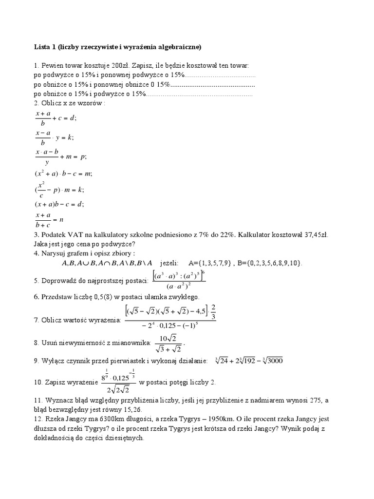 Lista 1 Liczby Rzeczywiste I Wyrażenia Algebraiczne | PDF