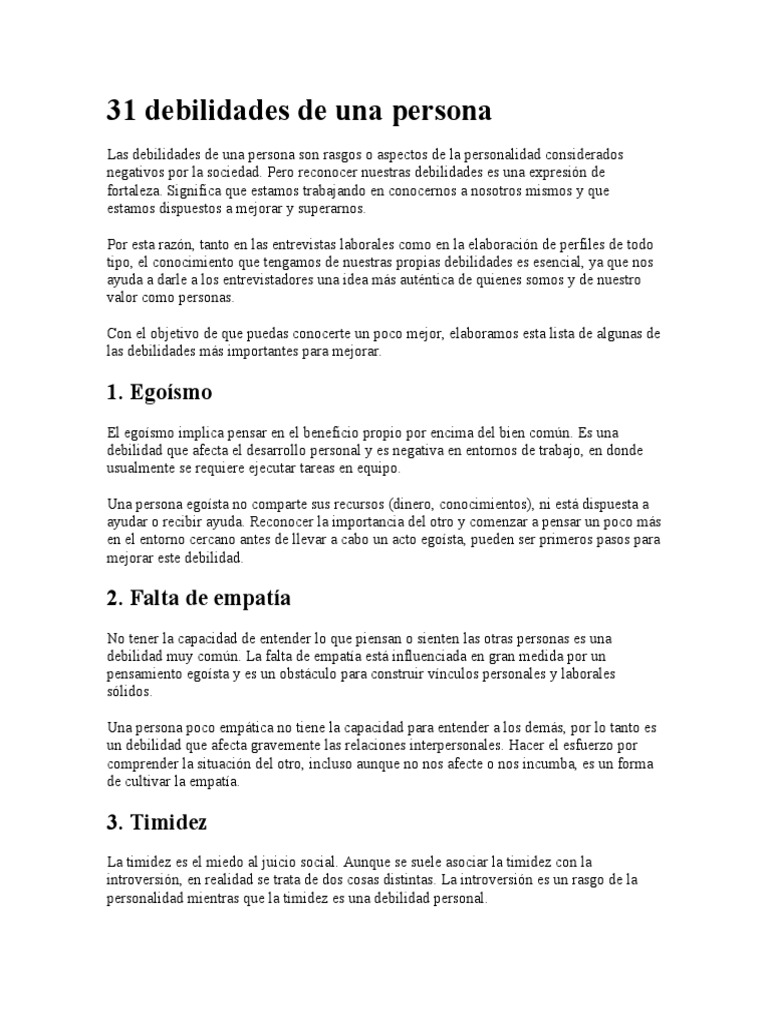 31 Debilidades Personales Comunes | PDF | Empatía | Timidez
