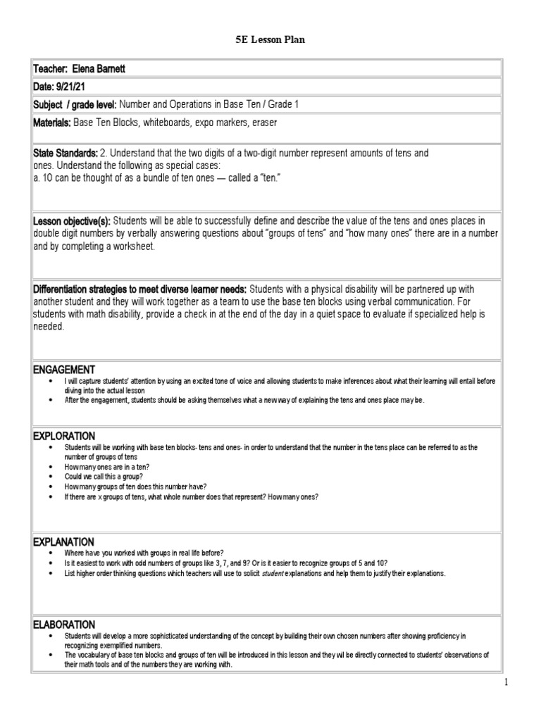 Base Ten Lesson Plan | PDF | Lesson Plan | Cognitive Science