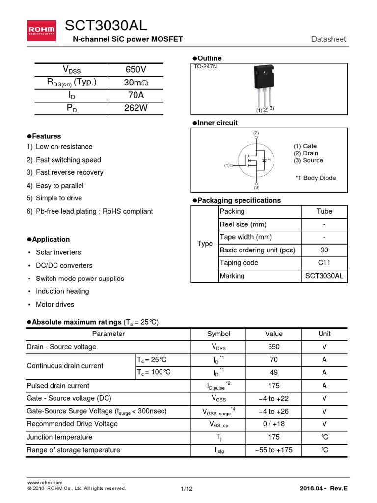 SCT3030AL: 650V V R (Typ.) 30m | PDF | Diode | Field Effect Transistor