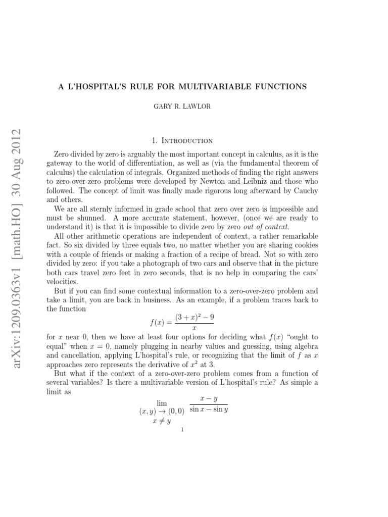 A Generalized Multivariable Version of L'Hospital's Rule for Determining Limits of Functions ...