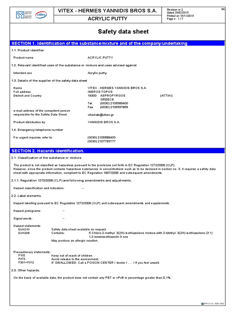 Msds Acrylic Putty en | PDF | Toxicity | Volatile Organic Compound