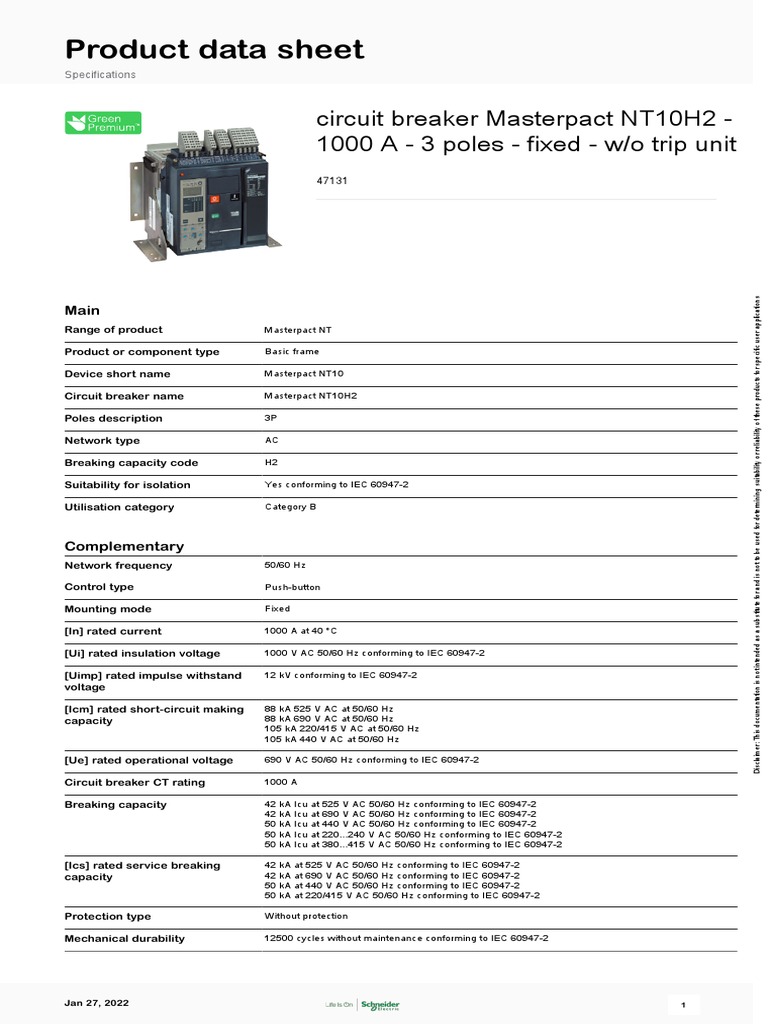 Product Data Sheet: Circuit Breaker Masterpact NT10H2 - 1000 A - 3 ...
