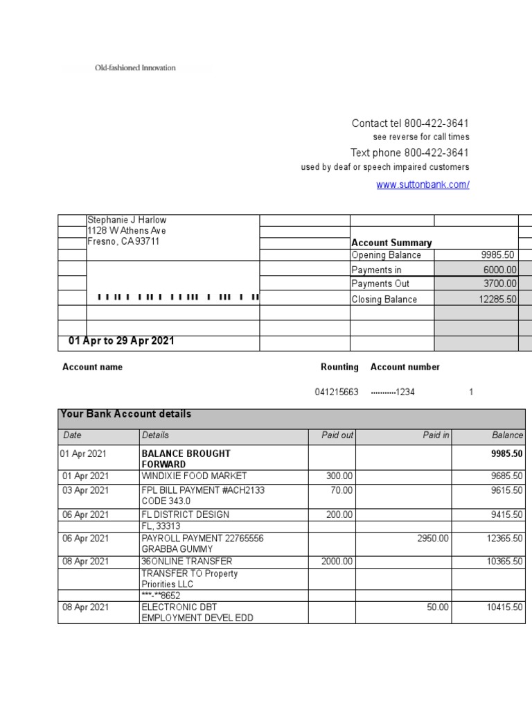Sutton Bank Account Statement Summary | PDF | Annual Percentage Rate ...