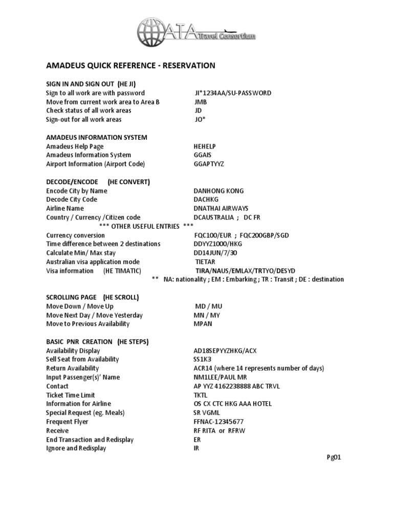 Amadeus Quick Reference - Reservation by Iata Travel Consultance | PDF ...