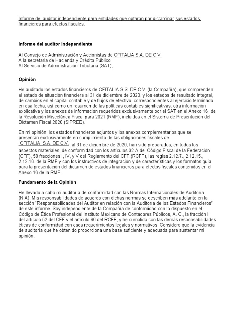 Informe Del Auditor Independiente para Entidades Que Optaron Por Dictaminar Sus Estados ...