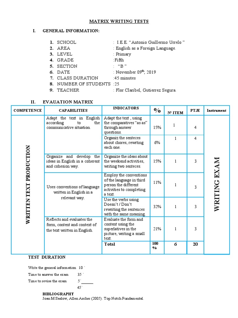 Matrix Writing Tests: I. General Information | PDF | English Language ...