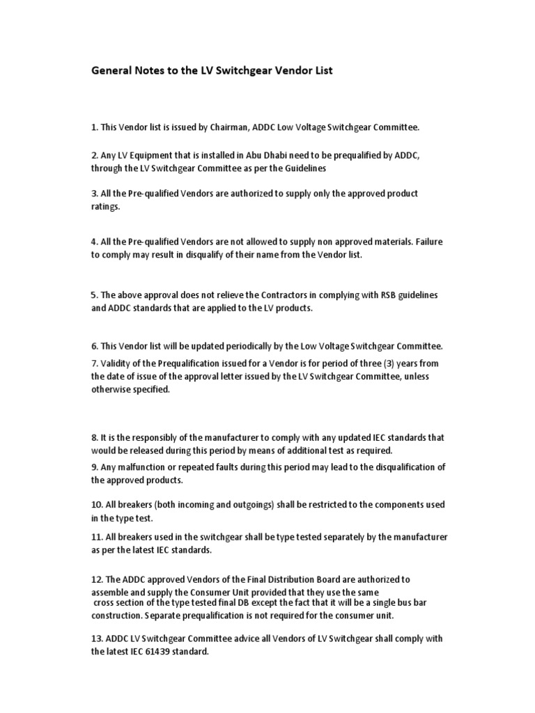 General Notes To The LV Switchgear Vendor List | PDF | Electric Power ...
