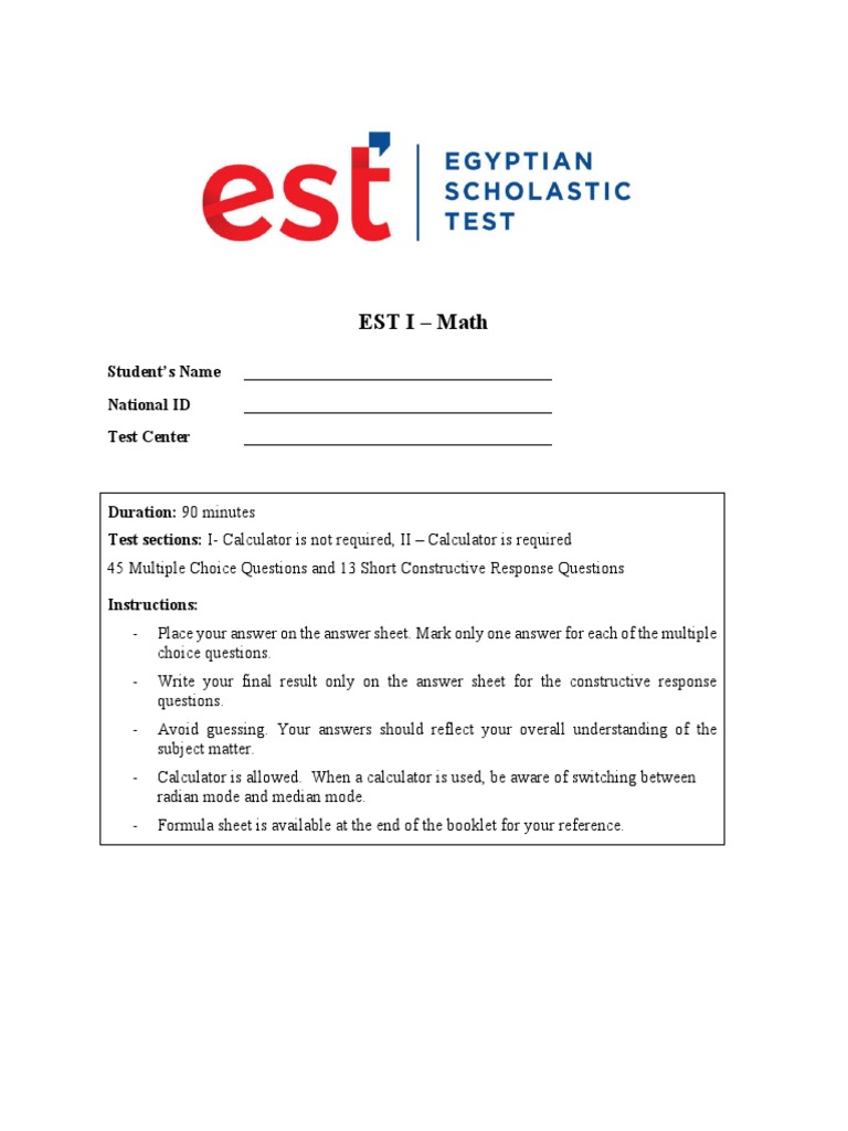EST I - Math - December 2021 | PDF | Equations | Function (Mathematics)