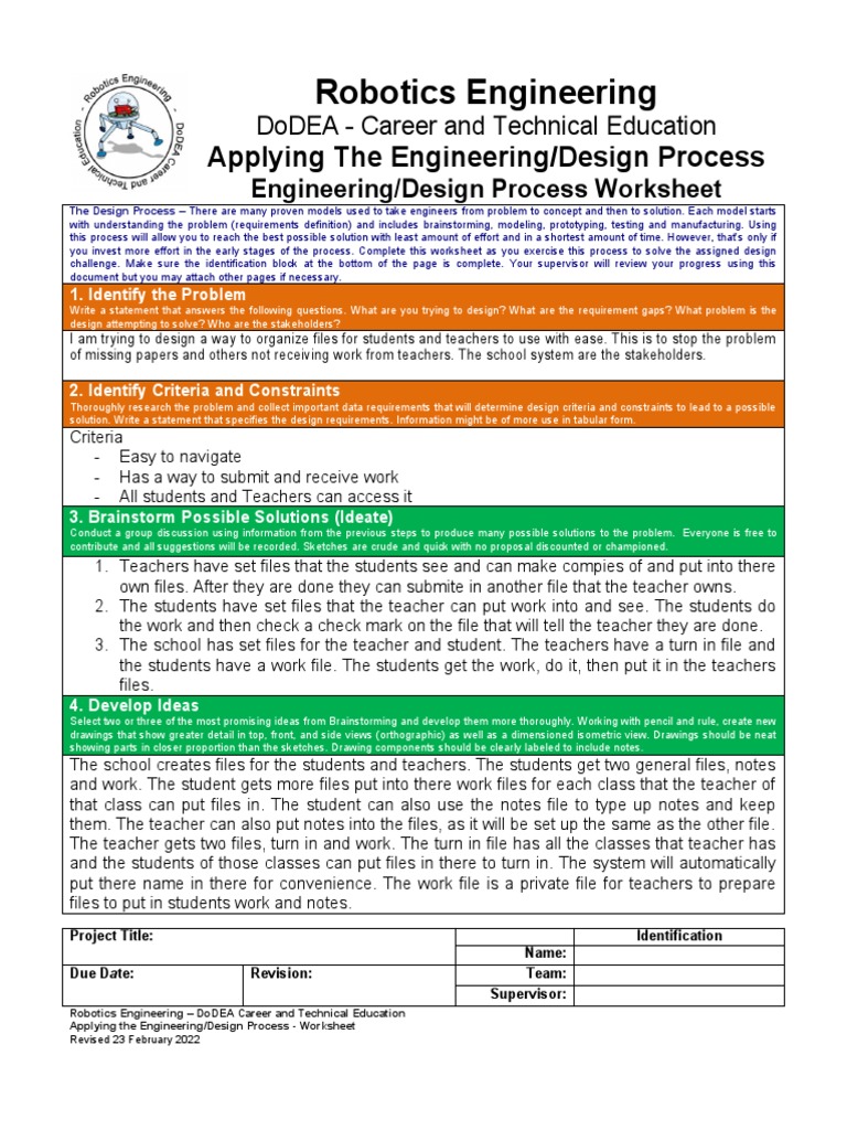 Robotics Engineering: Applying The Engineering/Design Process | PDF ...