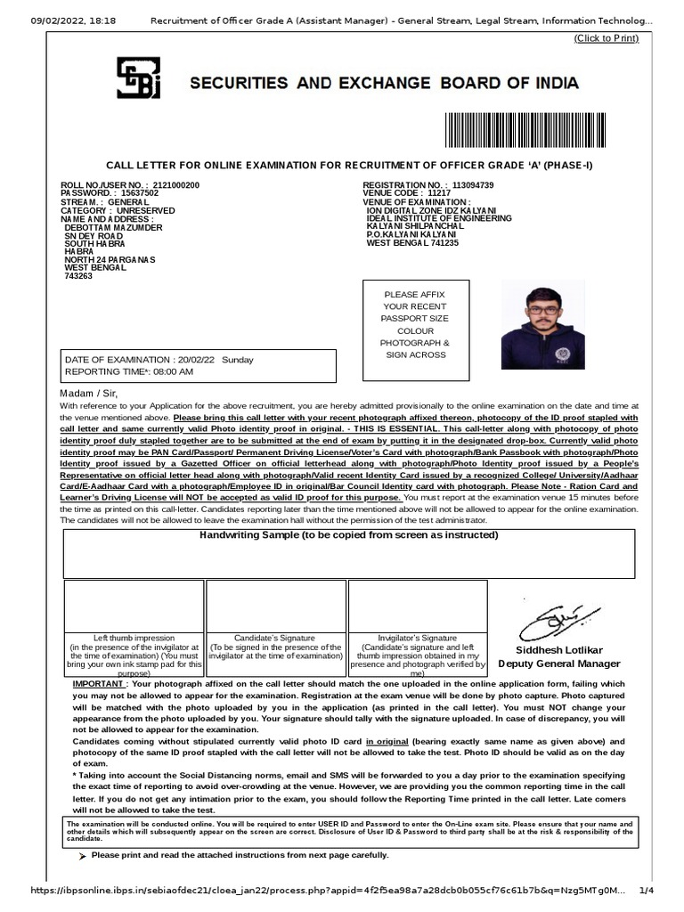 Call Letter For Online Examination For Recruitment of Officer Grade A ...