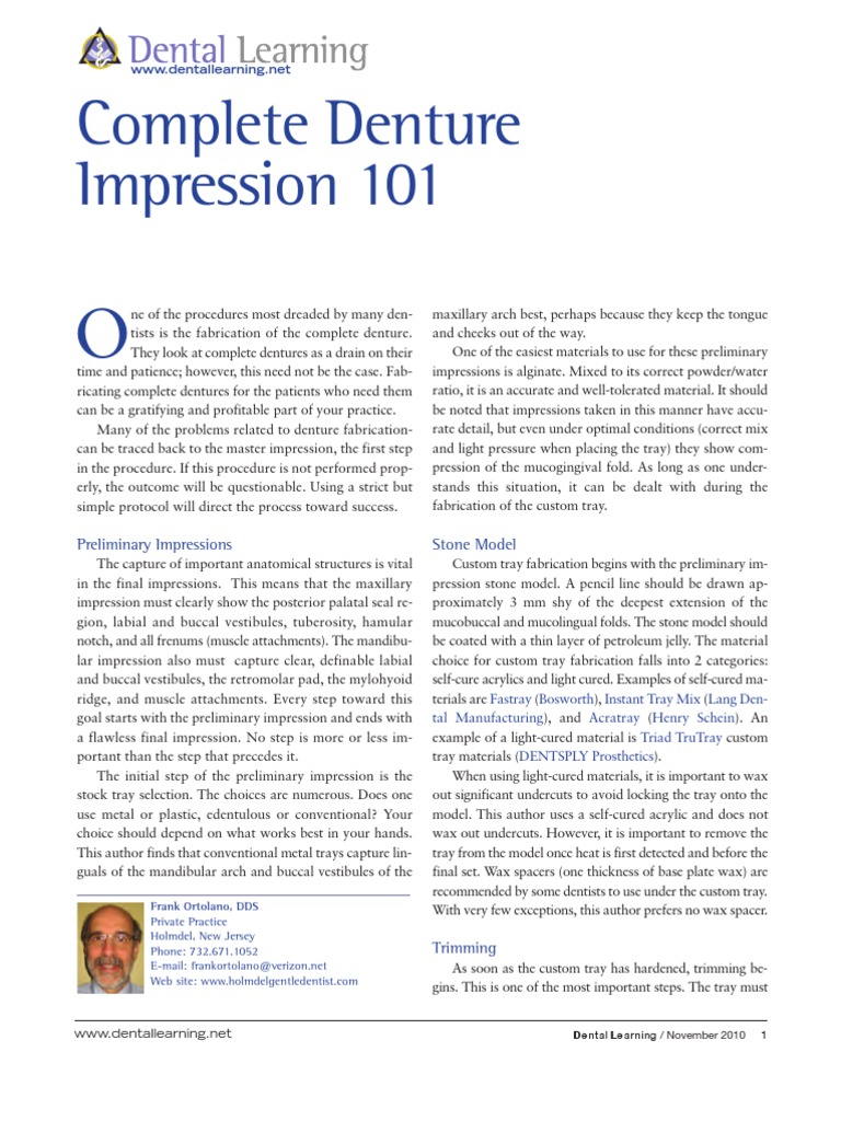 Complete Denture Impression 101 | PDF | Dentures | Mouth