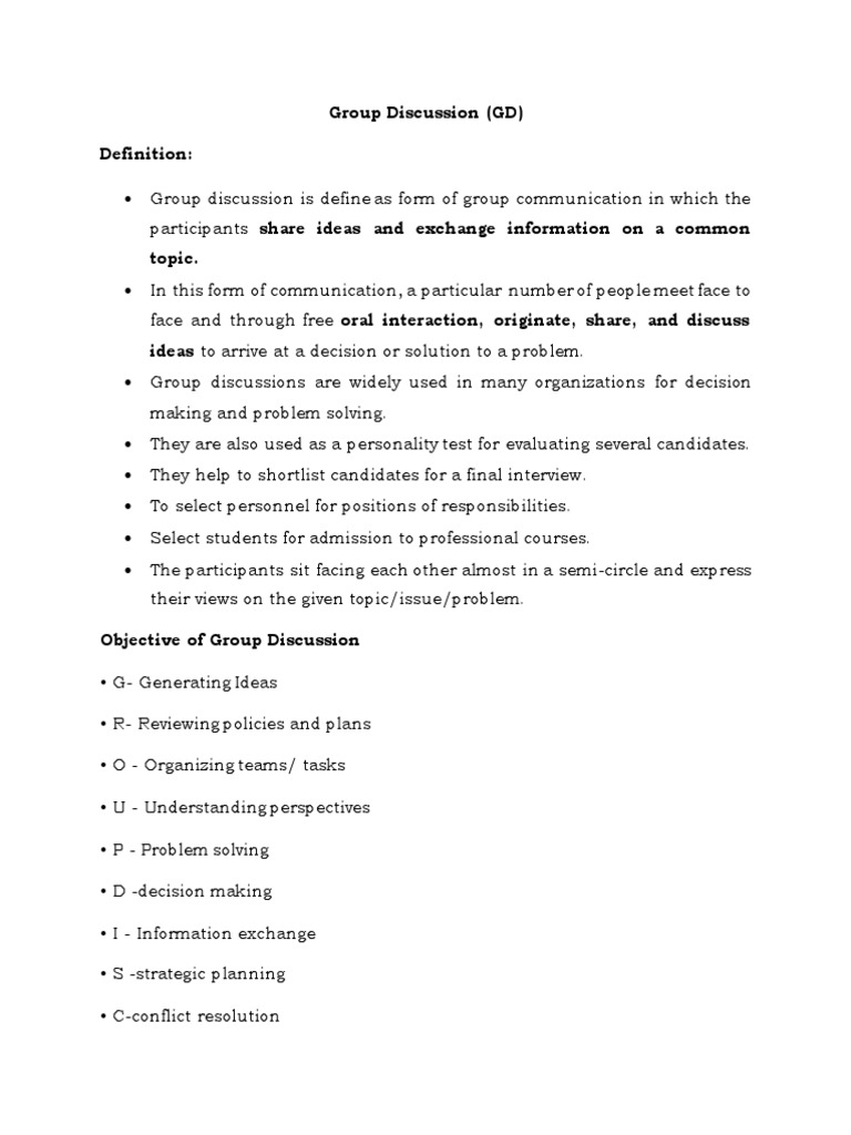 Group Discussion (GD) Definition | PDF | Reason | Thought