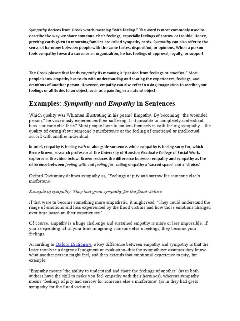 Examples: Sympathy and Empathy in Sentences | PDF | Empathy | Sympathy