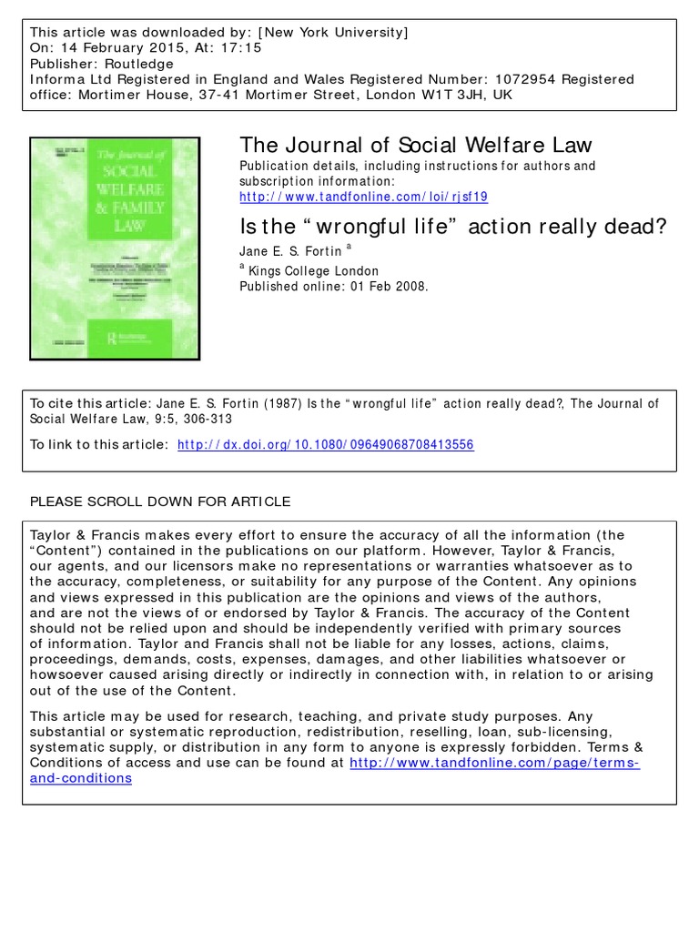 Is The Wrongful Life Action Really Dead. Fortin | PDF | Damages | Abortion