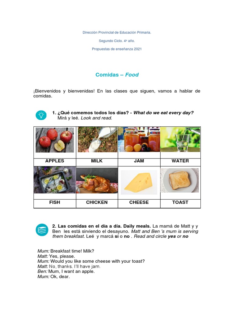 Propuestas de Enseñanza: Comidas 2021 | PDF