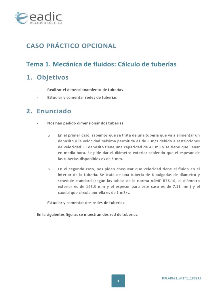Enunciado Caso Práctico - M1T1 - Mecánica de Fluidos. Cálculo de Tuberías. | PDF | Métodos y ...