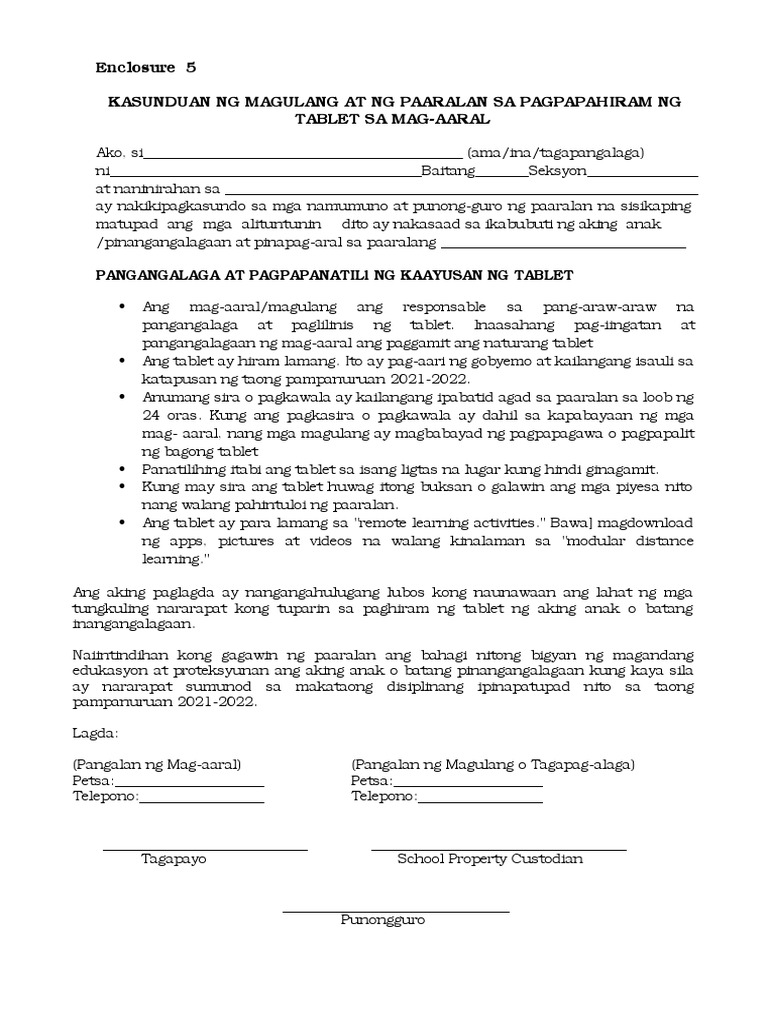 Kasunduan-Ng Magulang at Paaralan | PDF