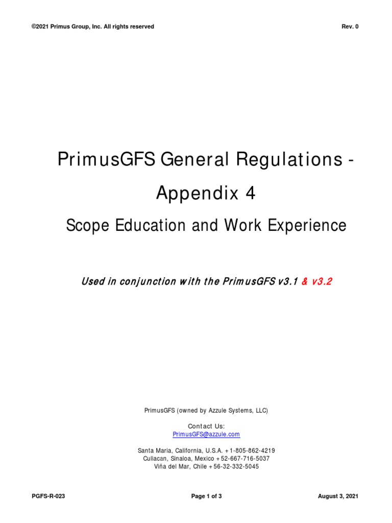 PGFS ND 023 R0 PrimusGFS General Regulations Appendix 4 Scope Education ...