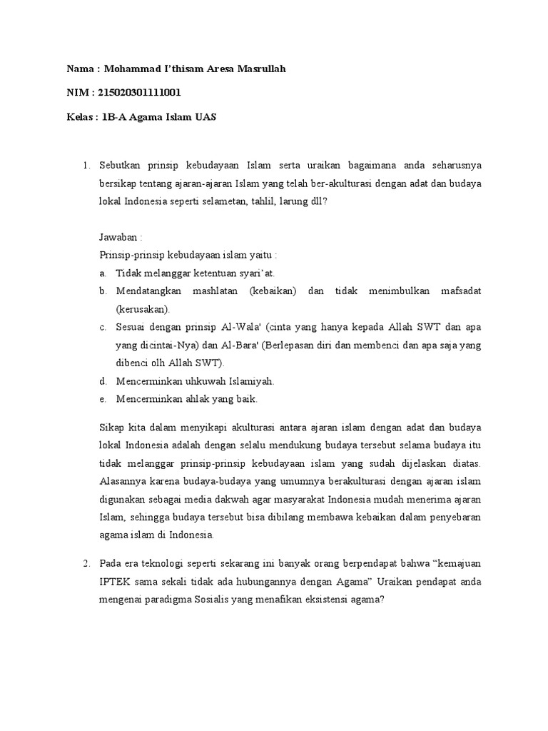 UAS Agama Islam - Mohammad I'thisam Aresa Masrullah - 215020301111001 ...