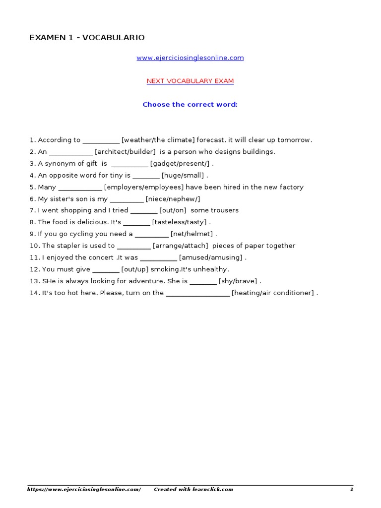 Examen 1 - Vocabulario: Next Vocabulary Exam | PDF