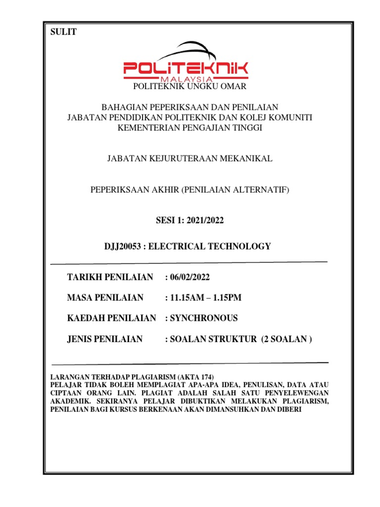 Soalan Peperiksaan Akhir (Palt) DJJ20053 Electrical Technology Sesi 1 2021 - 2022 | PDF