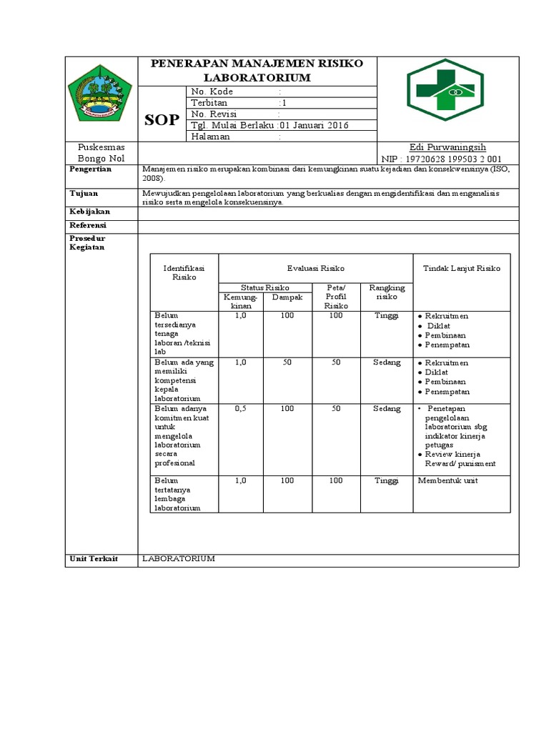Sop Penerapan Manajemen Risiko Laboratorium | PDF