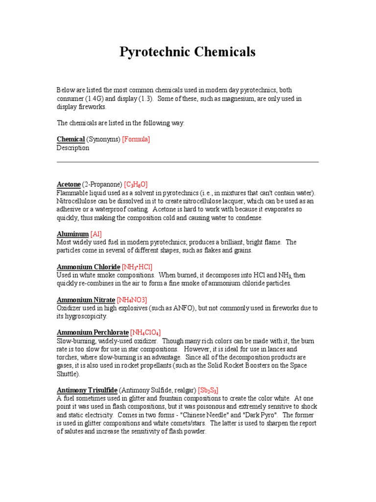 Pyrotechnic Chemicals: Chemical (Synonyms) | PDF | Magnesium | Materials