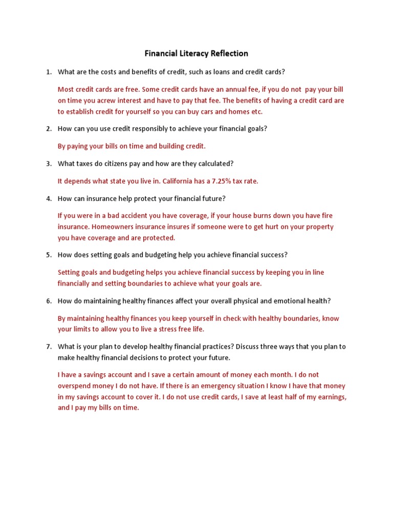Lesson 14 - Financial Literacy Reflection | PDF