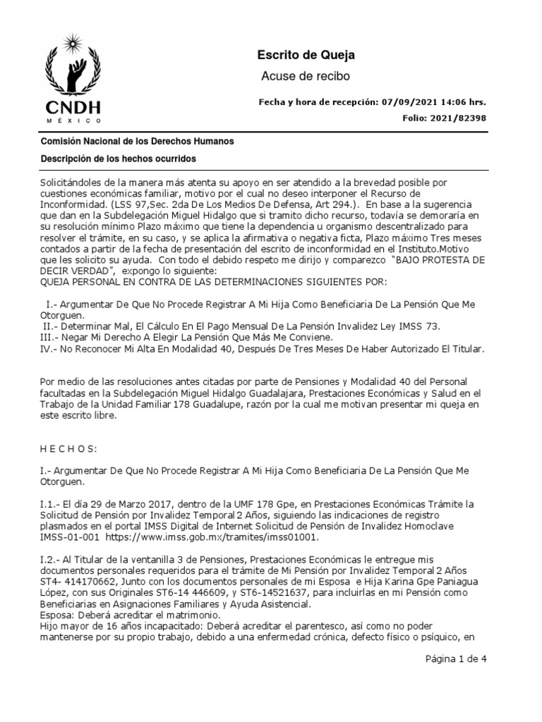 Acuse Queja Imss CNDH | PDF