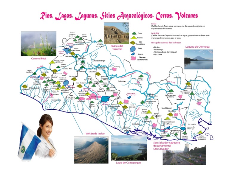 Mapa de El Salvador Con Ríos, Lagos, Lagunas, Sitios Arqueológicos ...