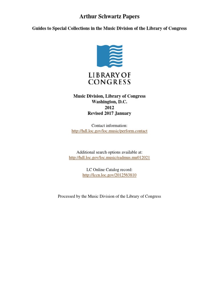 Arthur Schwartz Papers: Guides To Special Collections in The Music ...