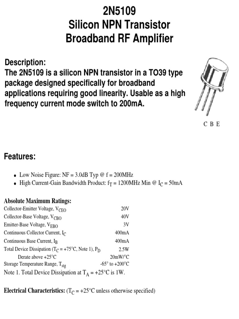 2N5109 Silicon NPN Transistor Broadband RF Amplifier: Absolute Maximum ...