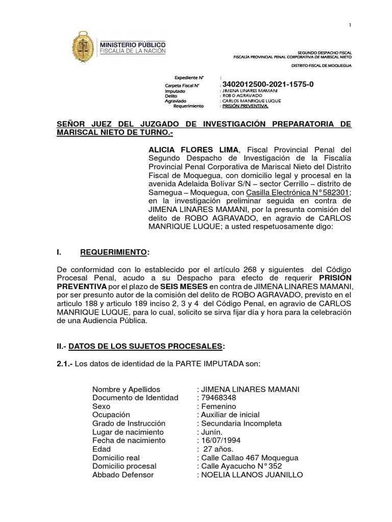 Requerimiento de Prision Preventiva 2 | PDF | Derecho penal | Robo Requerimiento de Prision Preventiva 2 | PDF | Derecho penal | Robo
